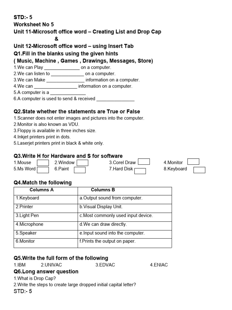 Computer Science Worksheet STD 4,5,6 | PDF | Computer Monitor | Printer ...