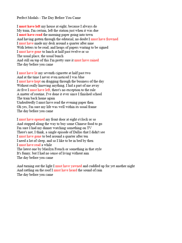 G Perfect Modals ABBA - The Day Before You Came | PDF | Poetry