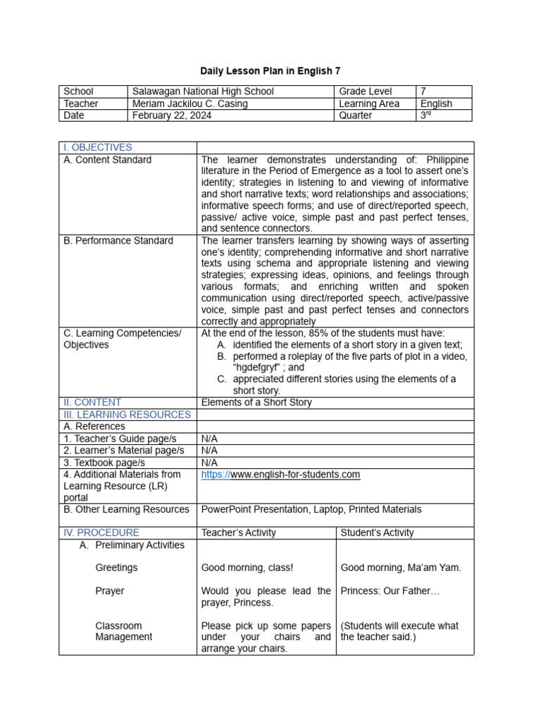 Lesson Plan - Elements of The Short Story | Download Free PDF | Plot ...