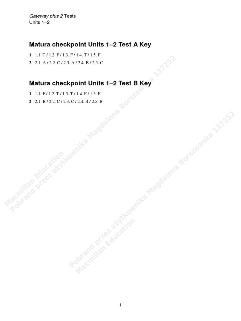Gateway_plus_2_Matura_checkpoint_Units_1-2_Answer_key | PDF