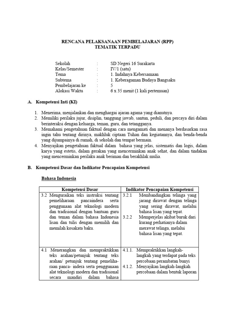 Rencana Pelaksanaan Pembelajaran 5 Tema Sub Tema 1 Kelompok Sudirman | PDF