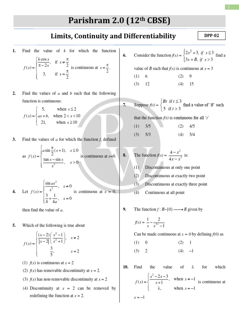Limits, Continuity and Differentiability - DPP 02 - (Parishram 2.0 2023) | PDF