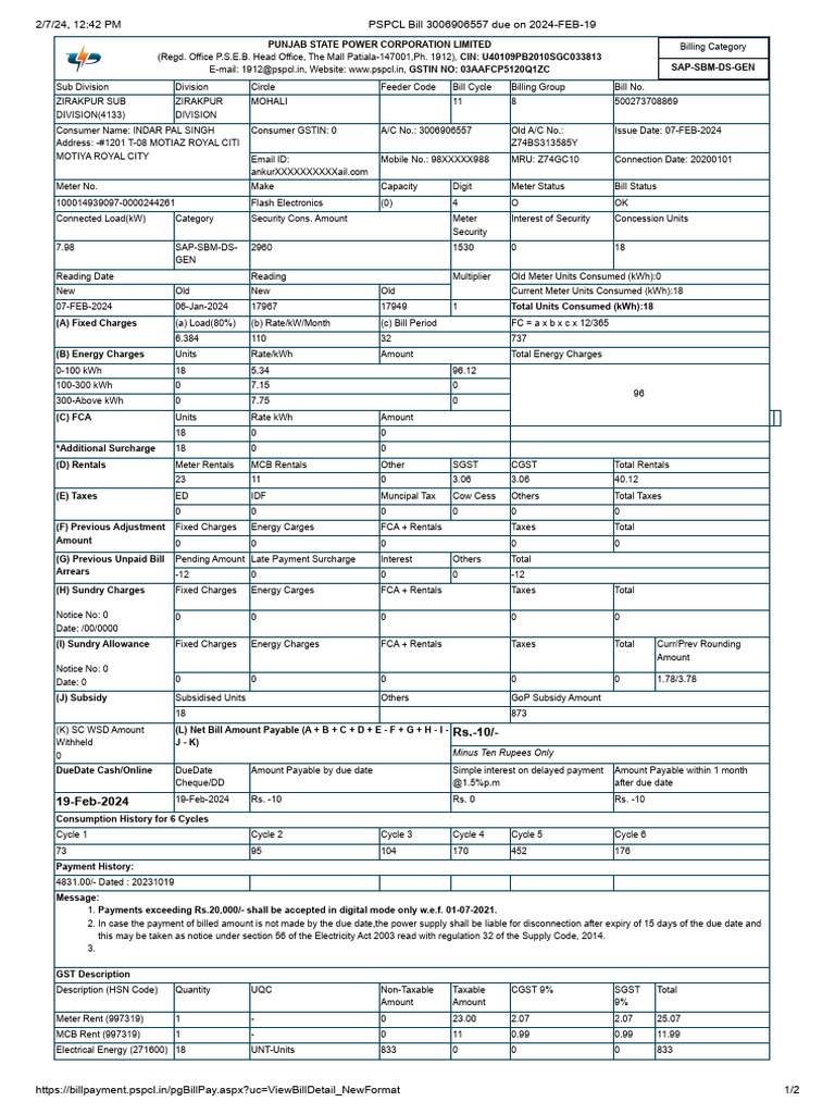 PSPCL Bill 3006906557 Due On 2024-FEB-19 | PDF | Taxation | Taxes
