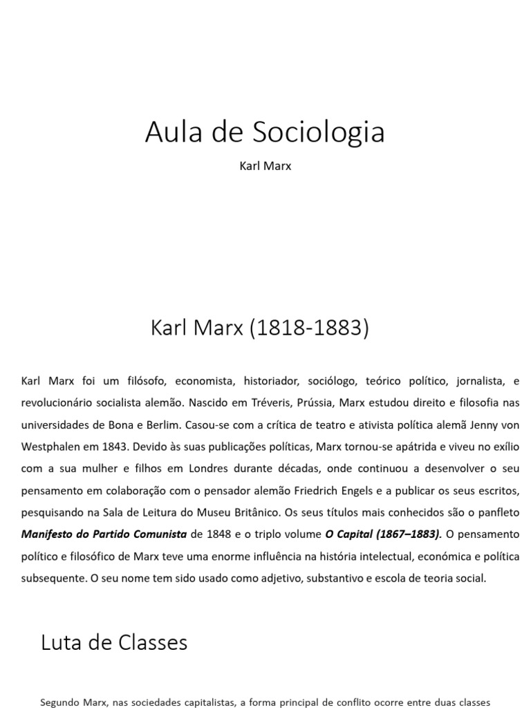 Aula de Sociologia Karl Marx | PDF