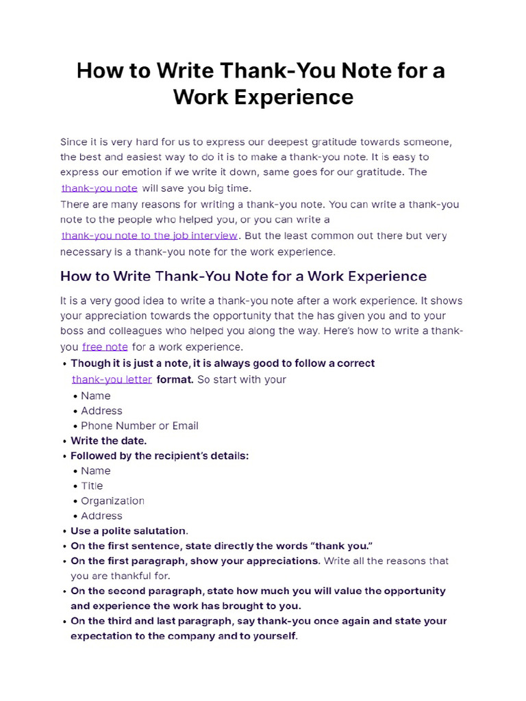 How To Write Thank-You Note For A Work Experience | PDF
