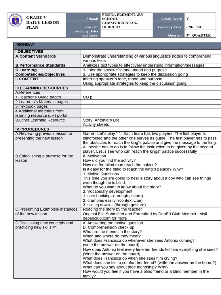 English V-Detailed Lesson Plan (Week 5) | PDF | Teachers | Emotions