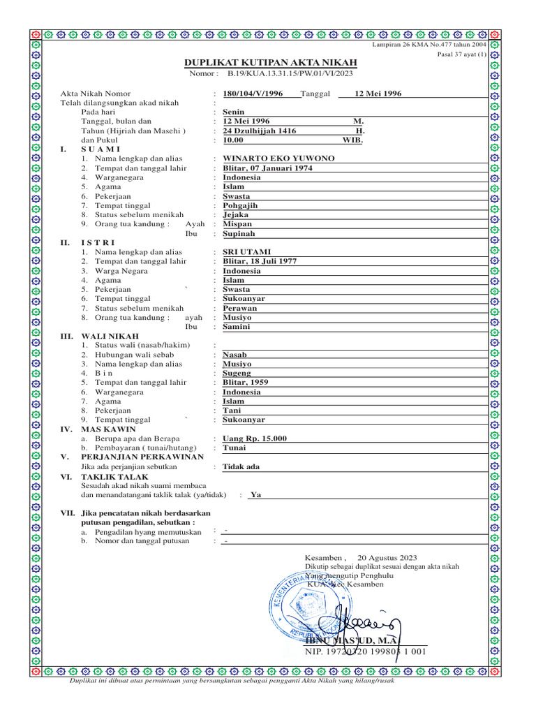 Duplikat Kutipan Akta Nikah | PDF