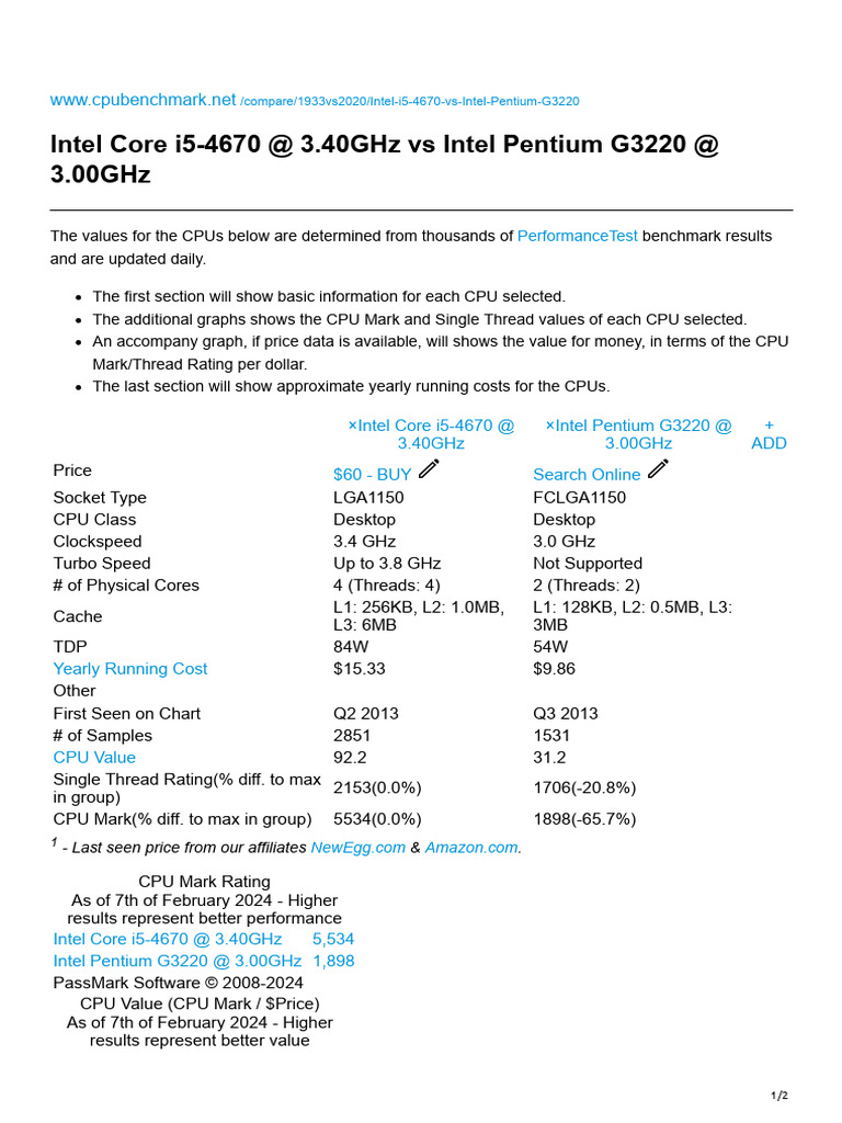 Intel Core I5-4670 340GHz Vs Intel Pentium G3220 300GHz | PDF | Central Processing Unit | Intel