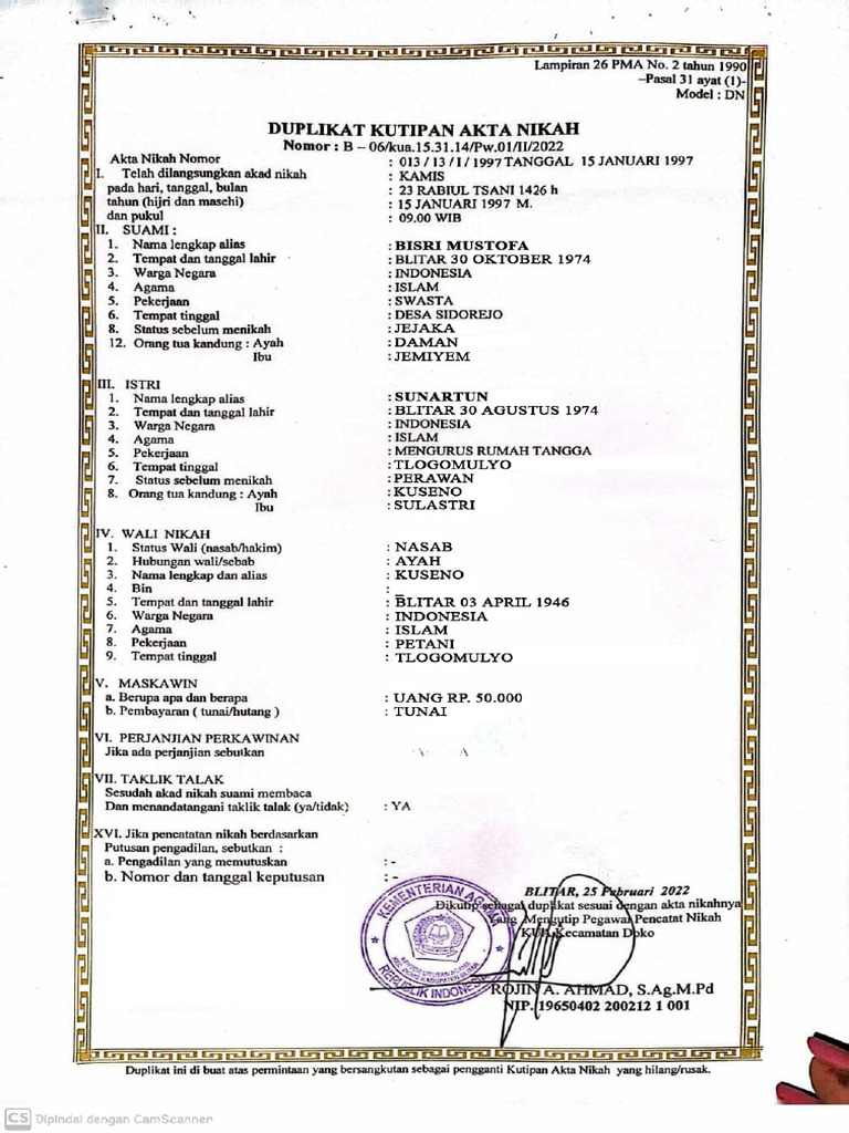 Akta Nikah (Model Baru) | PDF