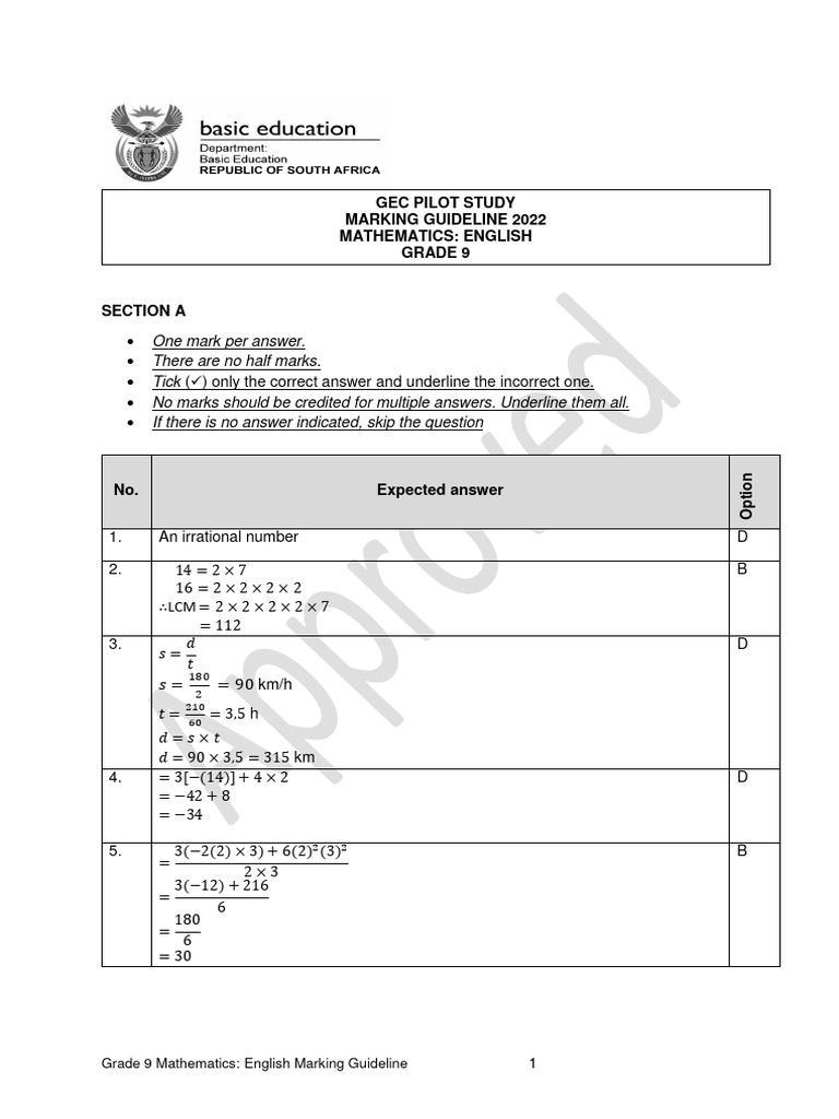 Grade 9 Maths English Memo | PDF