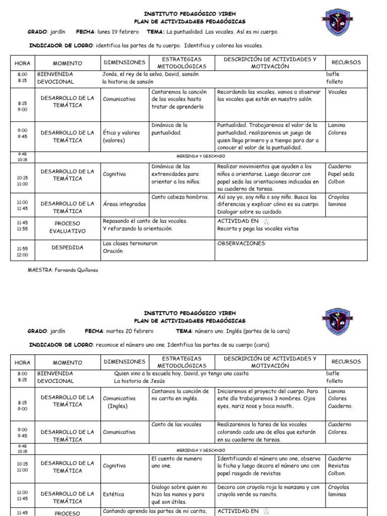 Plan de Clases Jardin Semana 2 | PDF