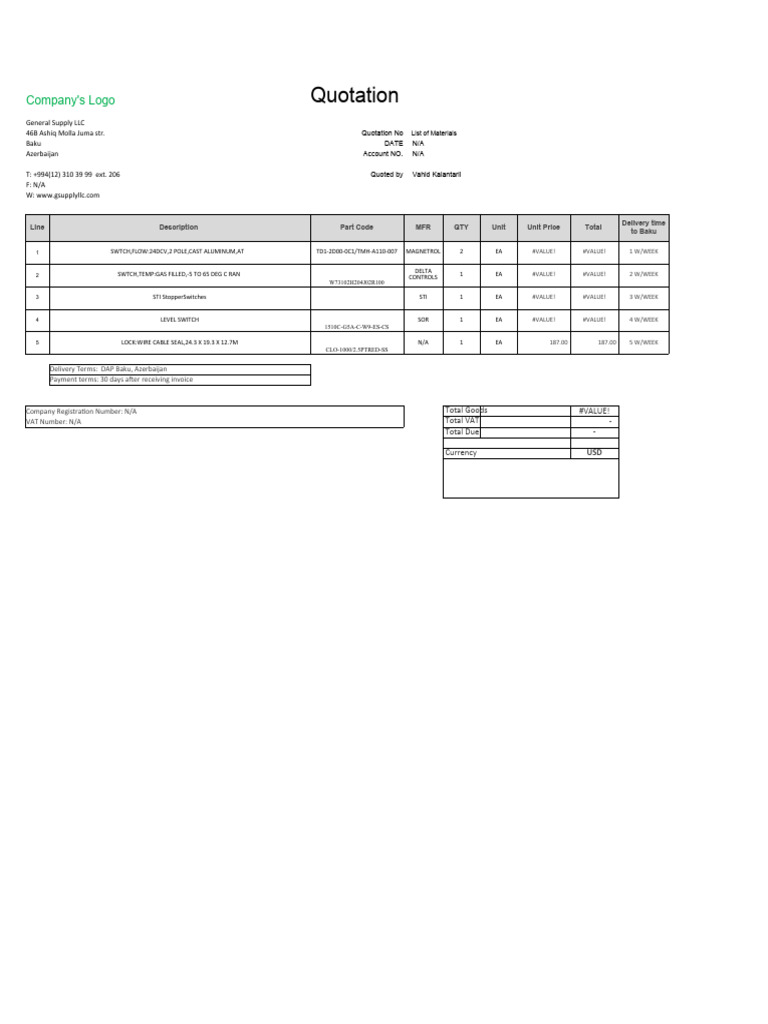 Quotation for General Supply LLC Materials | PDF | Trade