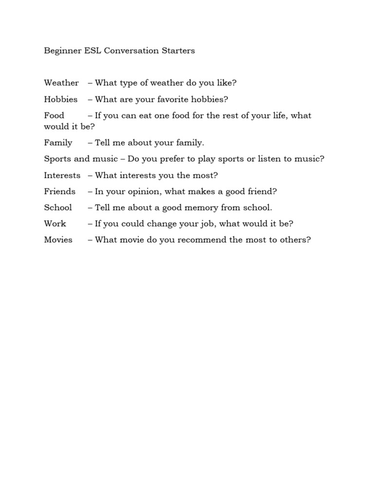 Beginner ESL Conversation Starters | PDF