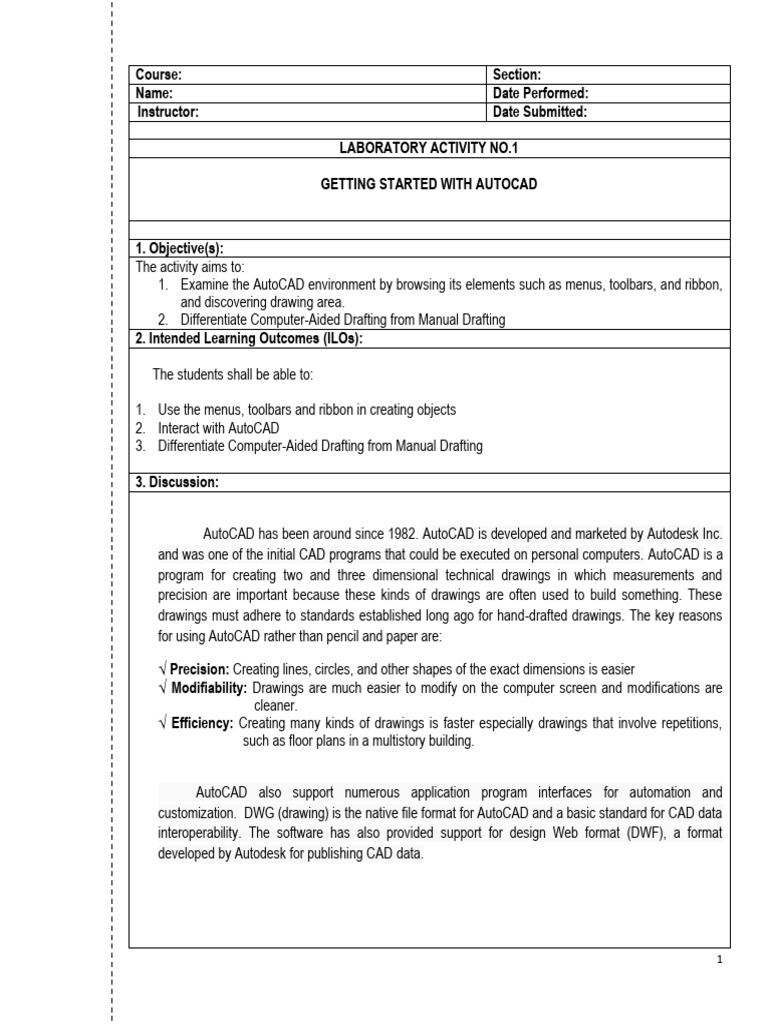 Cadd001 Laboratory1 Getting Started With Autocad | PDF | Human–Computer ...
