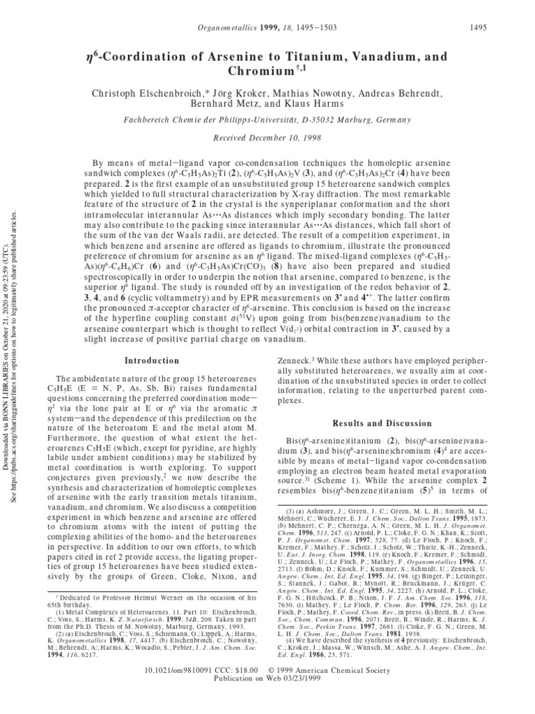 Eta-6-Coordination of Arsenine To Titanium, Vanadium and Chromium | PDF