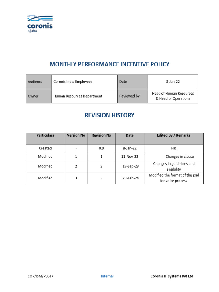 Monthly Performance Incentive Policy 1 | PDF | Incentive | Audit