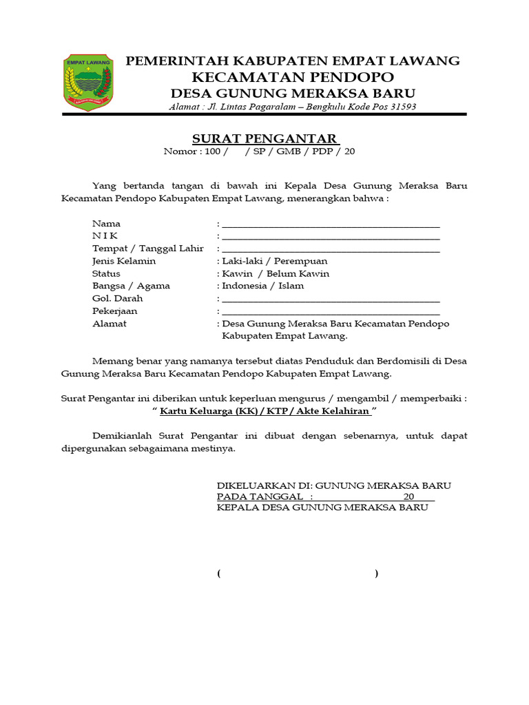 Contoh Surat Pengantar Kk-Ktp-Akte Kelahiran | PDF