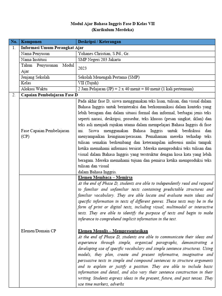 Modul Ajar Bahasa Inggris - SELF-INTRODUCTION - Fase D | PDF