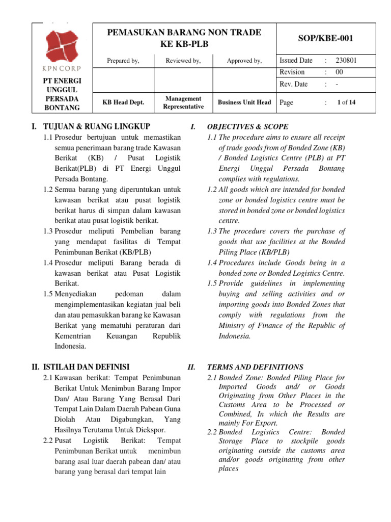 SOP KBE-001 Pemasukan Barang Non Trade KB-PLB | PDF