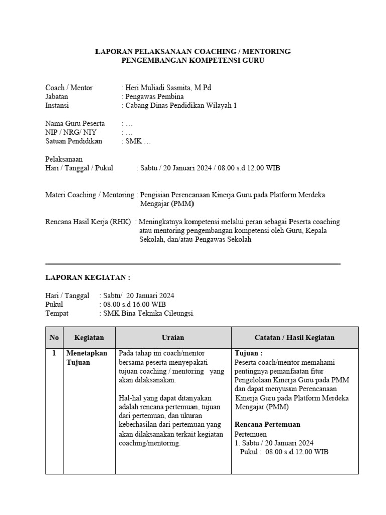 12 Contoh Laporan Melaksanakan Coaching 1 - Merencanakan Kinerja Guru | PDF