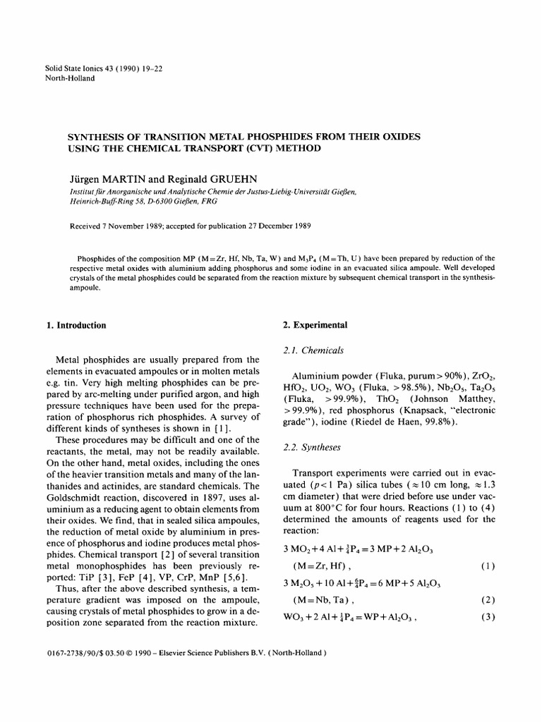 Synthesis of Transition Metal Phosphides From Their Oxides Using The Chemical Transport (CVT ...