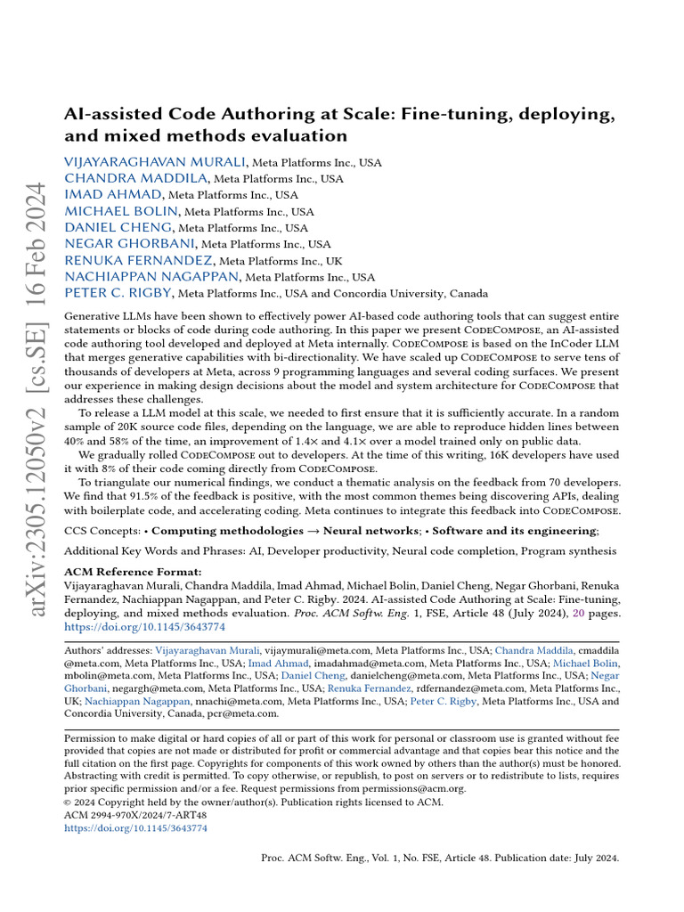AI-Assisted Code Authoring at Scale Fine-Tuning, Deploying | PDF ...