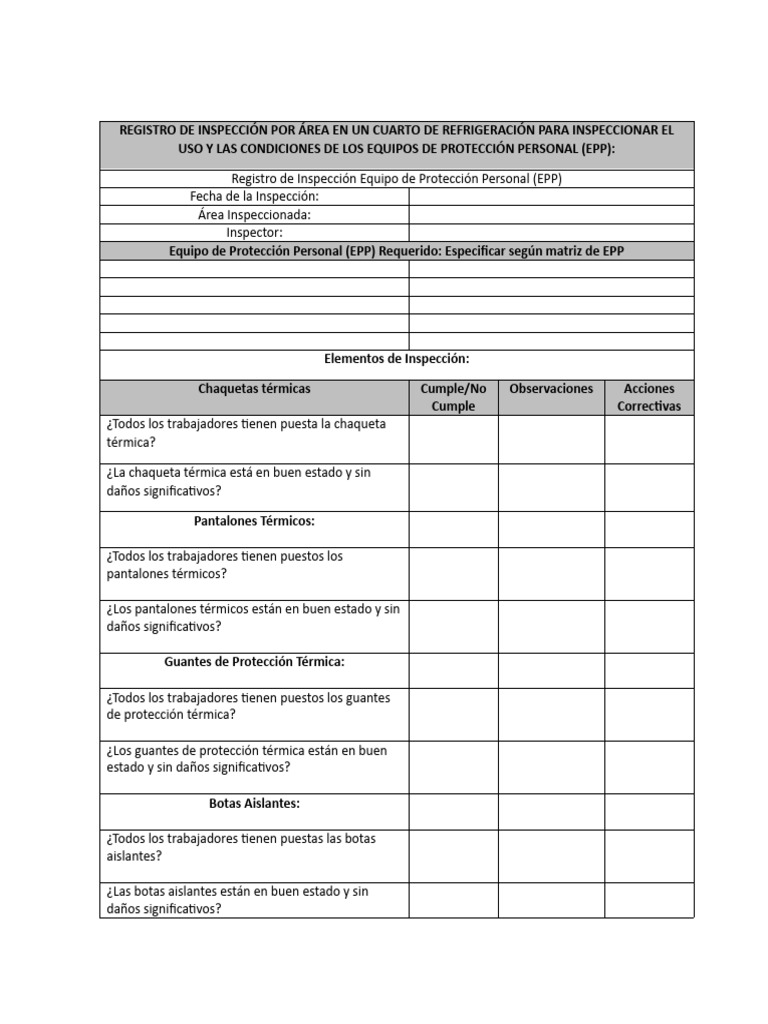 Registro de Inspección de Epp en Cuarto Frio | PDF