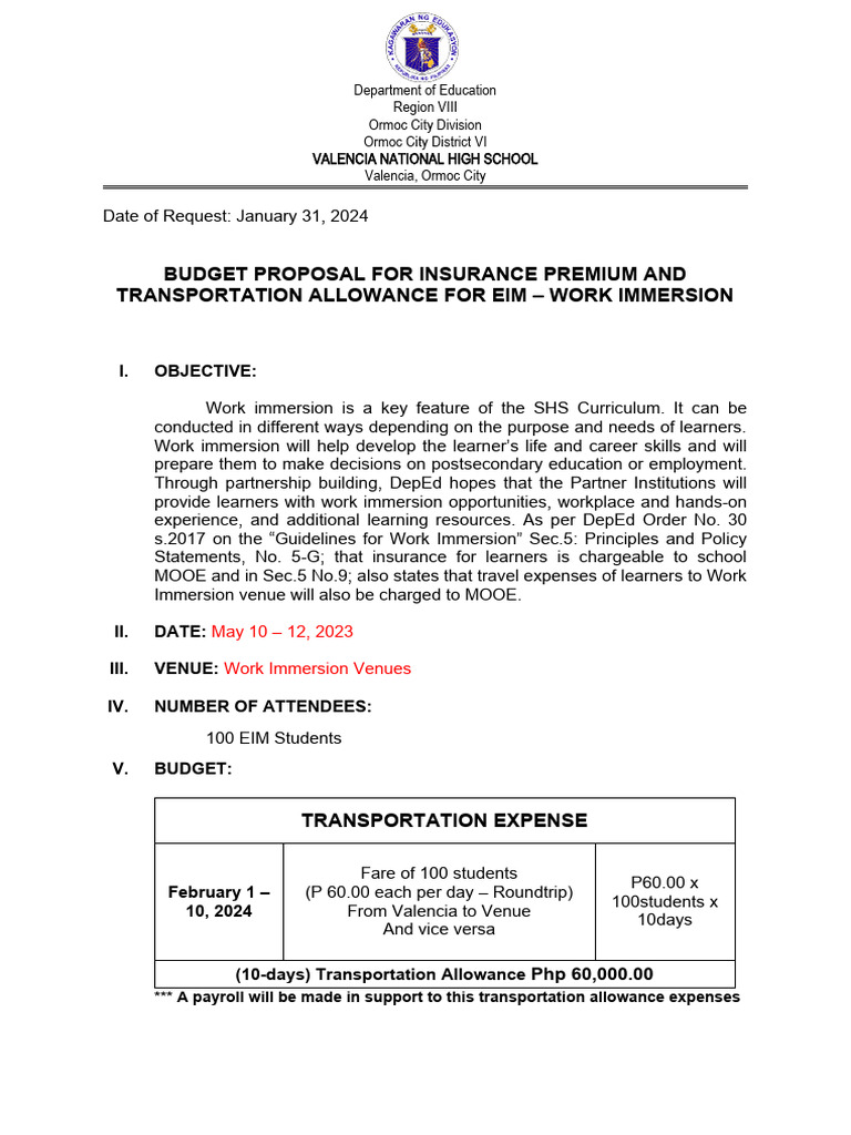 EIM Work Immersion 2024 Budget Proposal | PDF