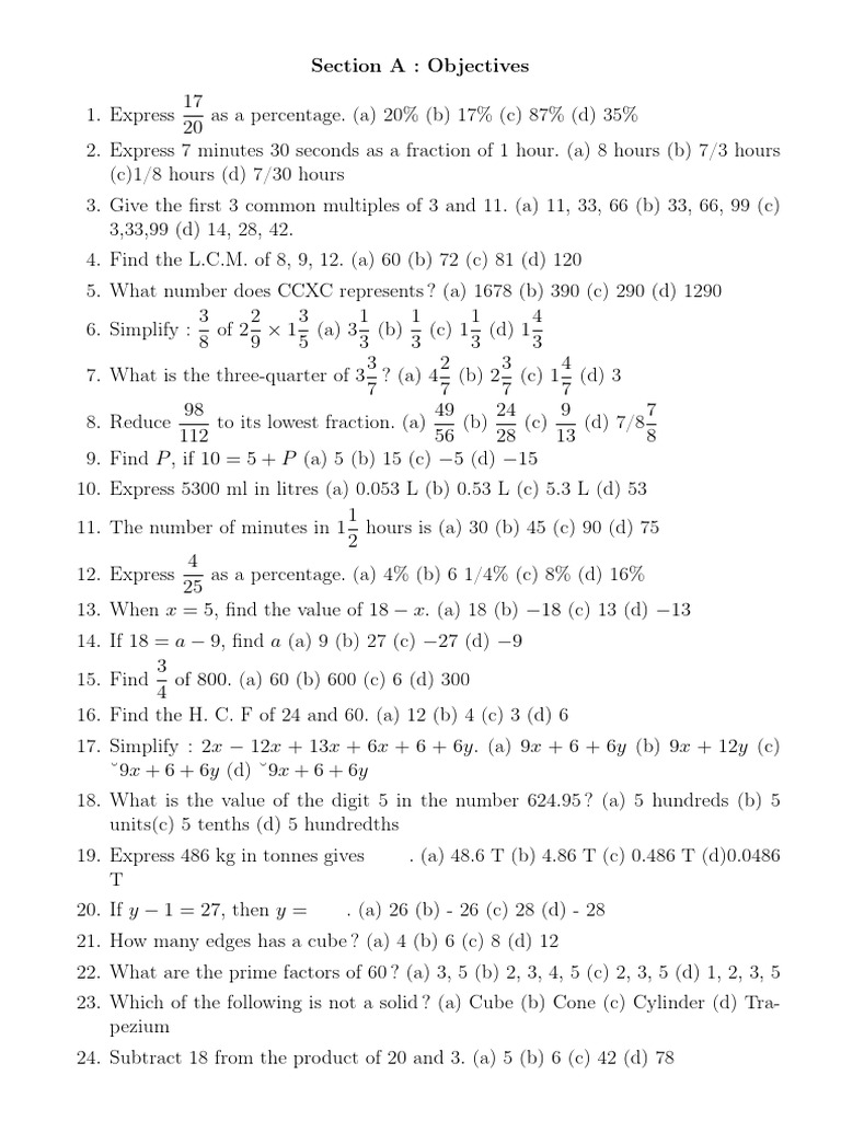 JSS1 First Term Math Exam Questions | PDF | Mathematical Notation | Numbers