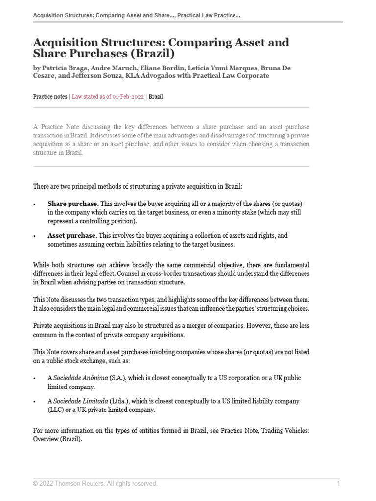 Acquisition Structures Comparing Asset and Share Purchases Brazil | PDF ...