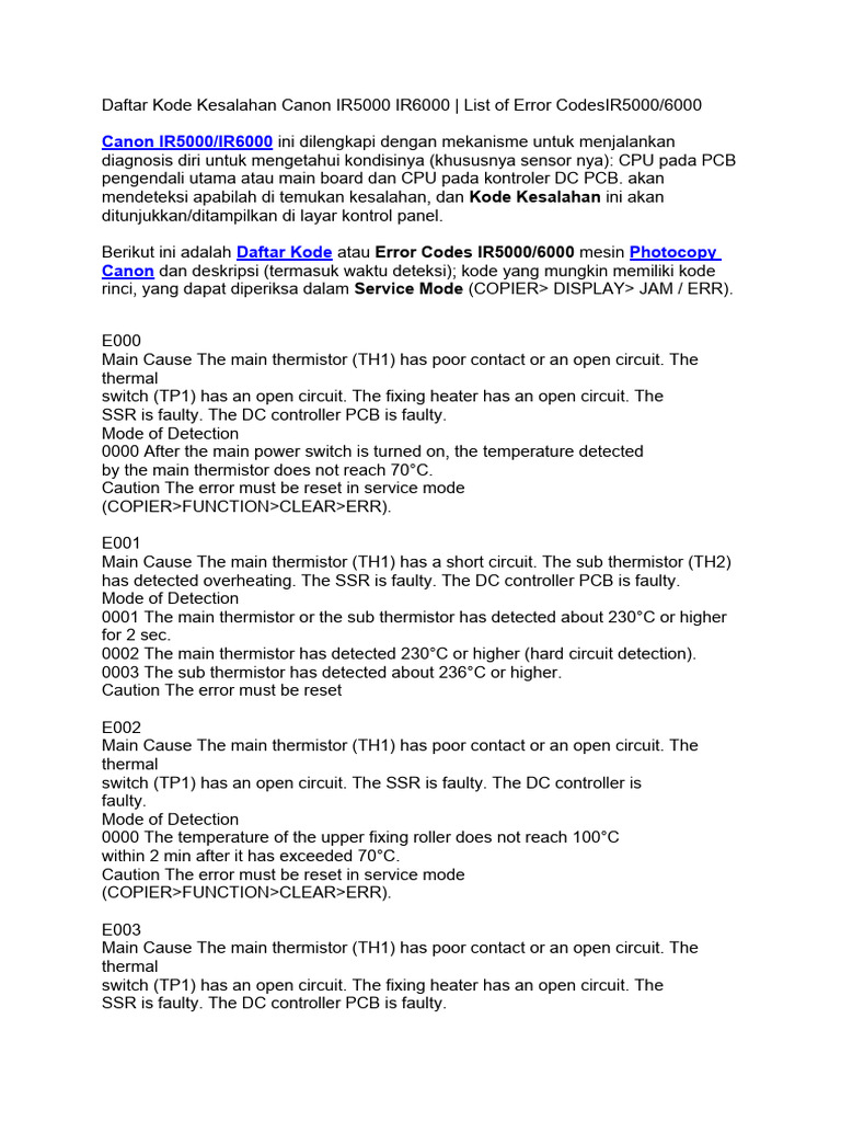 Daftar Kode Kesalahan Canon IR5000 IR6000 | PDF | Image Scanner ...