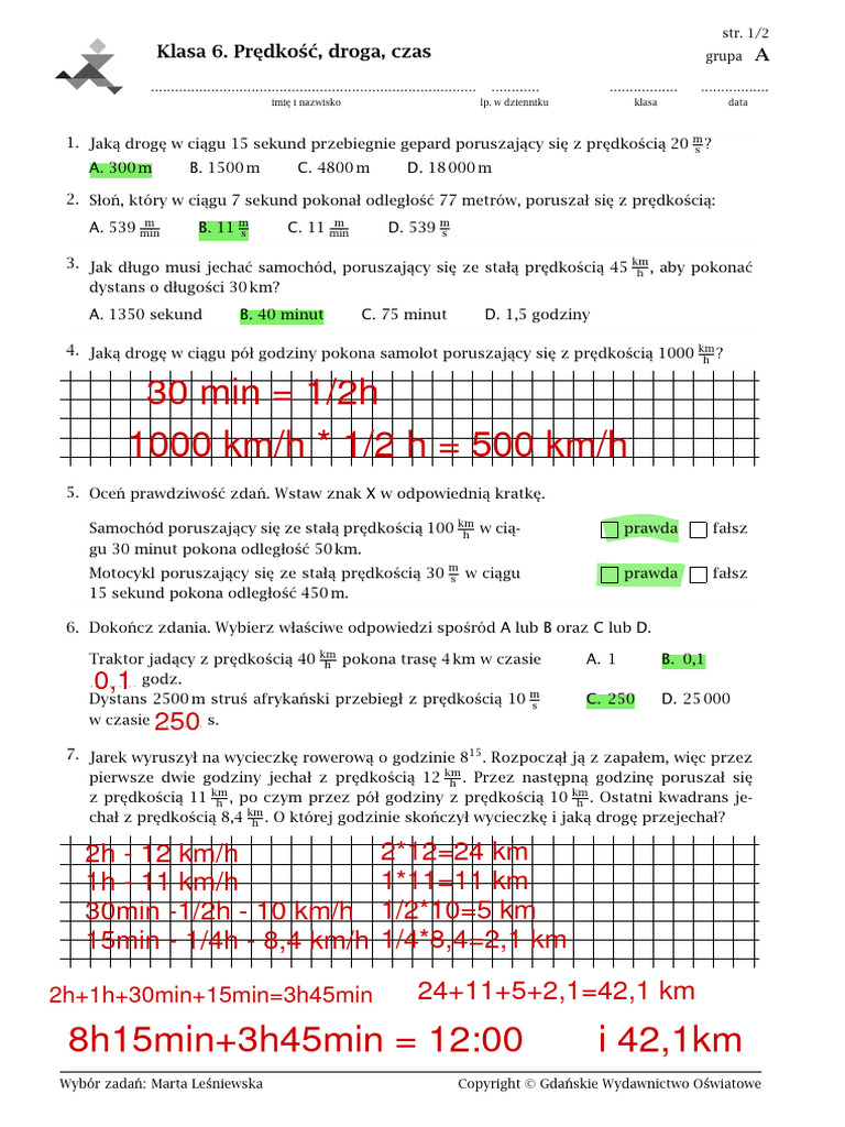Prędkość, Droga, Czas Kl6 | PDF