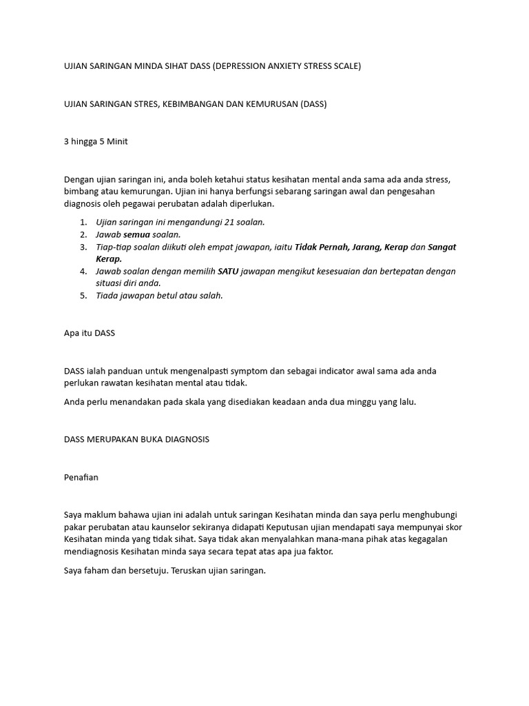 UJIAN SARINGAN MINDA SIHAT DASS | PDF