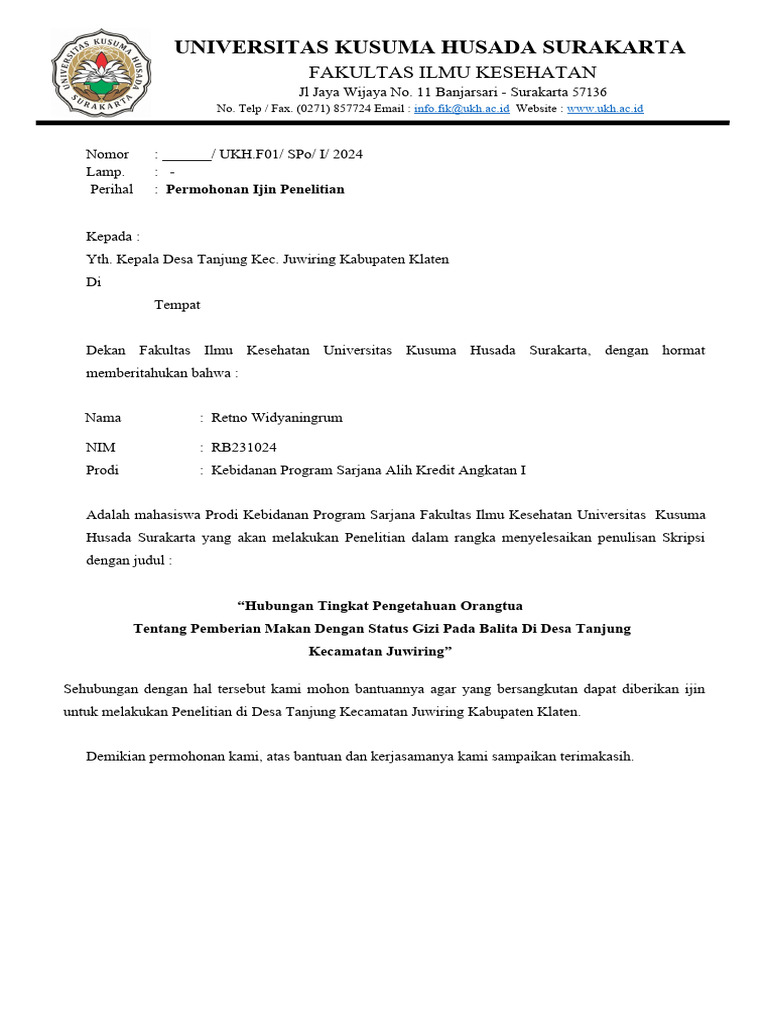 Permohonan Ijin Penelitian - Retno Widyaningrum | PDF | Kesehatan Holistik