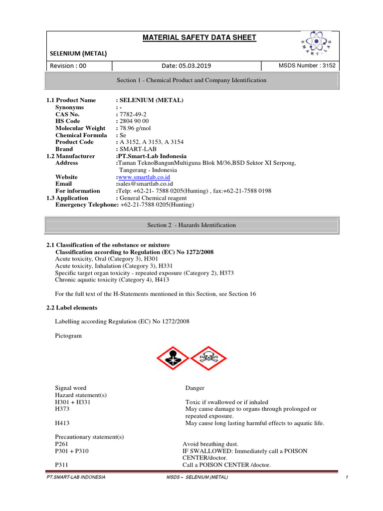 Msds Selenium (Metal)(1) | PDF | Toxicity | Chemical Substances