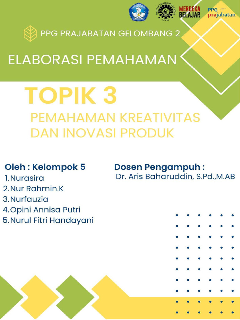 Elaborasi Pemahaman - Topik 3 - Pemahaman Kreativitas Dan Inovasi Produk - Kelompok 5 | PDF ...