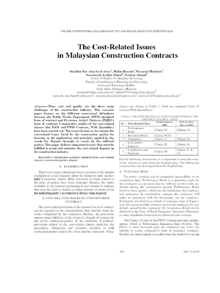 Cost Related Issues in Construction Contracts | PDF
