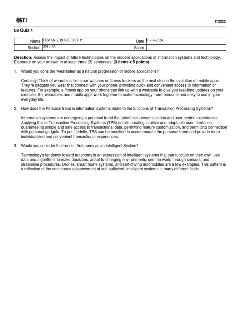 08 Quiz 1 | PDF | Wearable Technology | Information