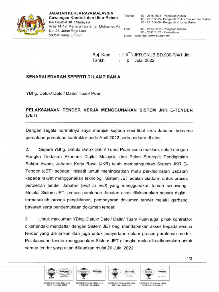 Surat_Pelaksanaan-Tender-Menggunakan-Sistem-JKR-E-Tender-JET | PDF