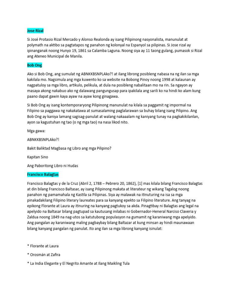 Information tungkol sa mga Pilipinong Manunulat | PDF