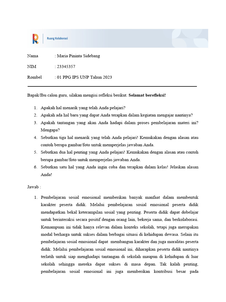 Refleksi Ruang Kolaborasi Pse 1 | PDF