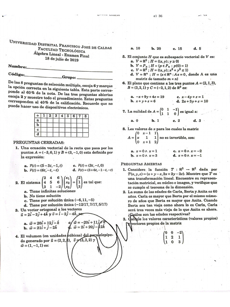 Patciales Finales, Álgebra Lineal | PDF