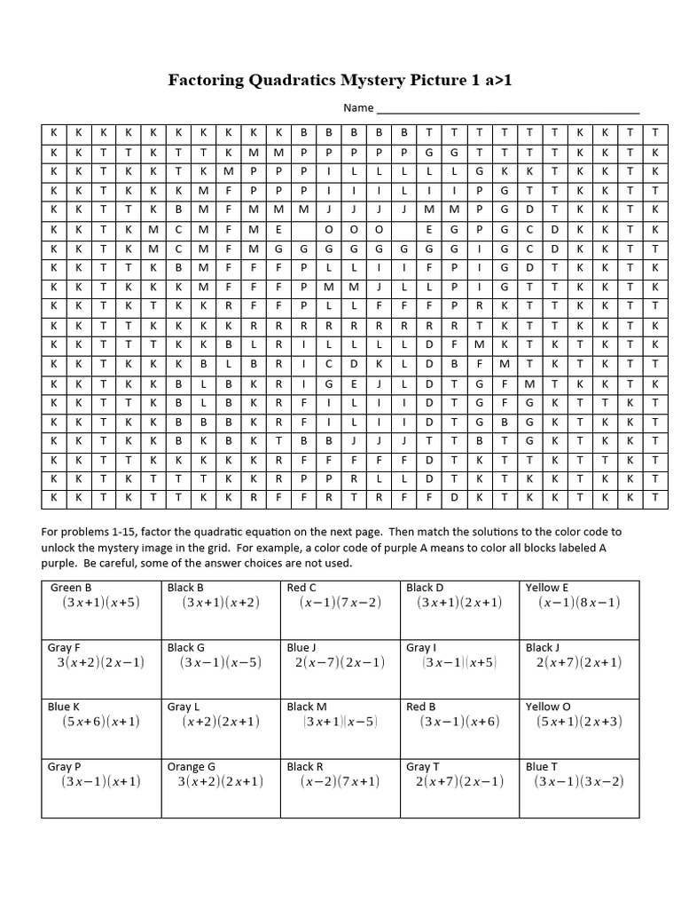 Factoring Quadratics Mystery Picture 1 | PDF | Color | Equations