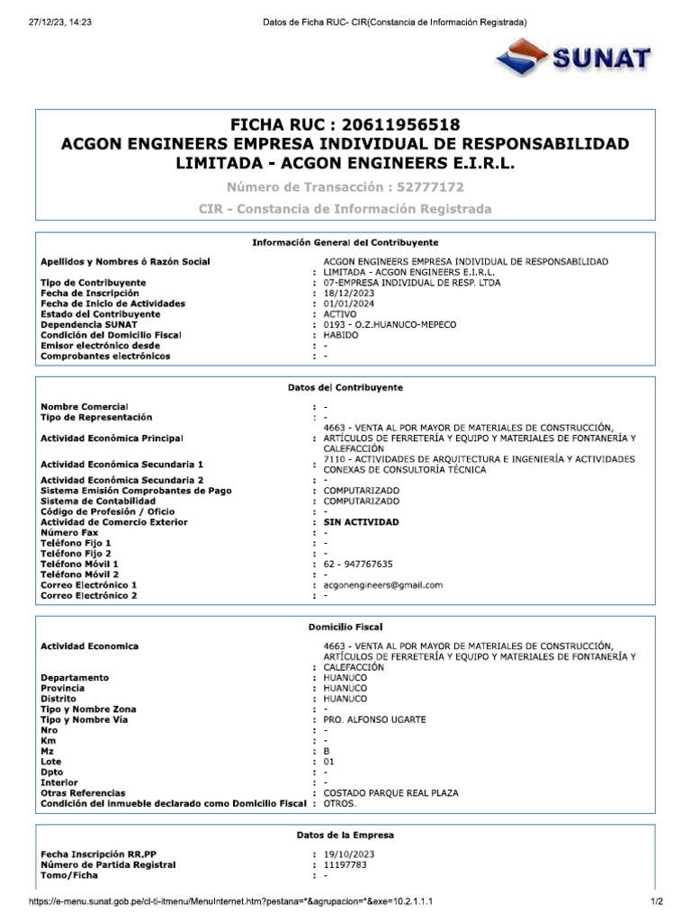 Ficha Ruc Acgon Eirl | PDF