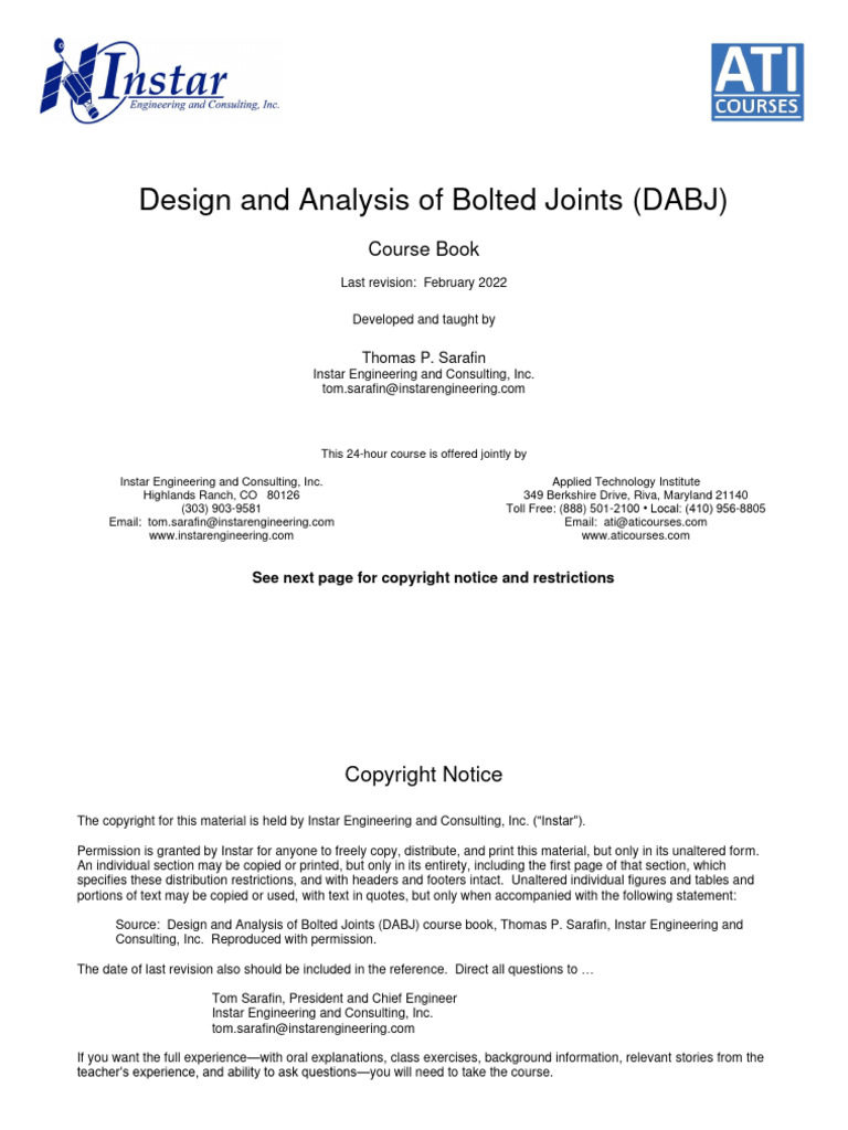 Design and Analysis of Bolted Joints DABJ Course Book Feb2022 | PDF | Strength Of Materials | Screw