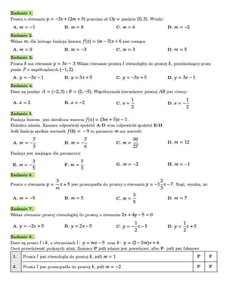 Funkcja Liniowa - Zadania | PDF