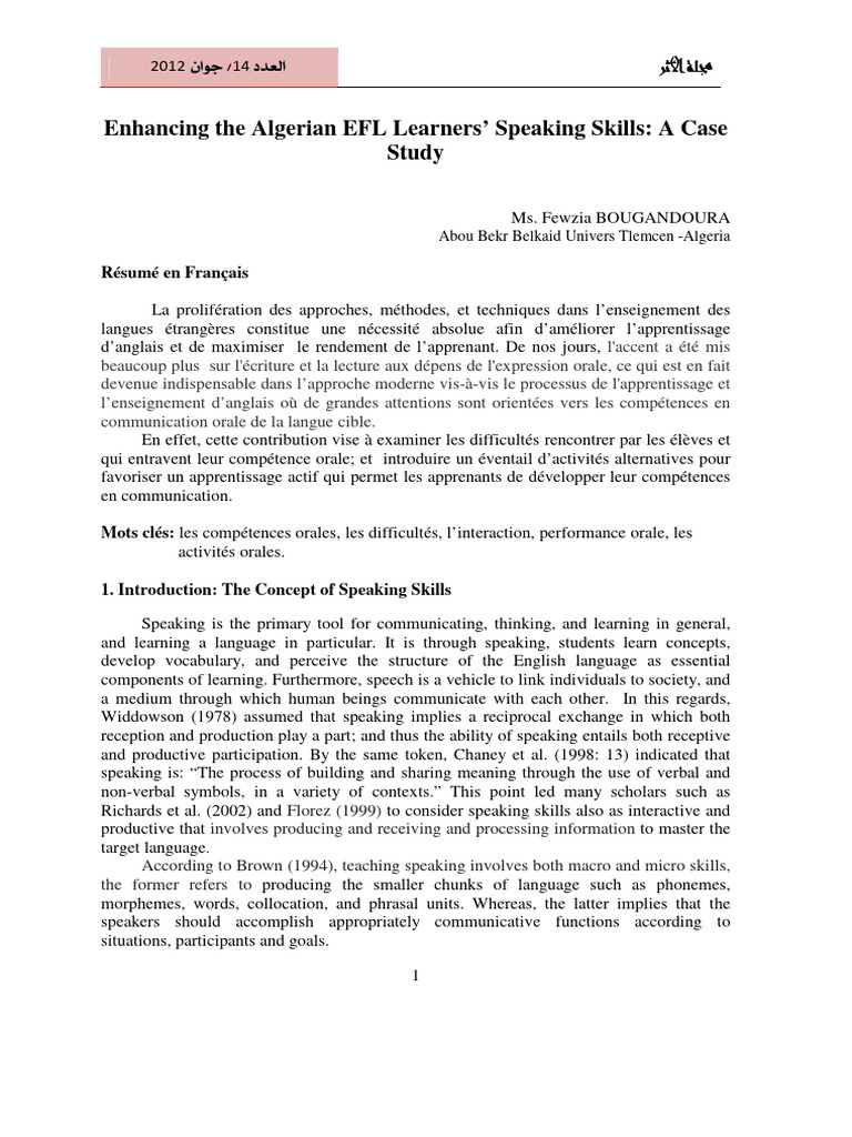 Enhancing The Algerian Efl Learners' Speaking Skills - A Case Study | PDF | Learning ...