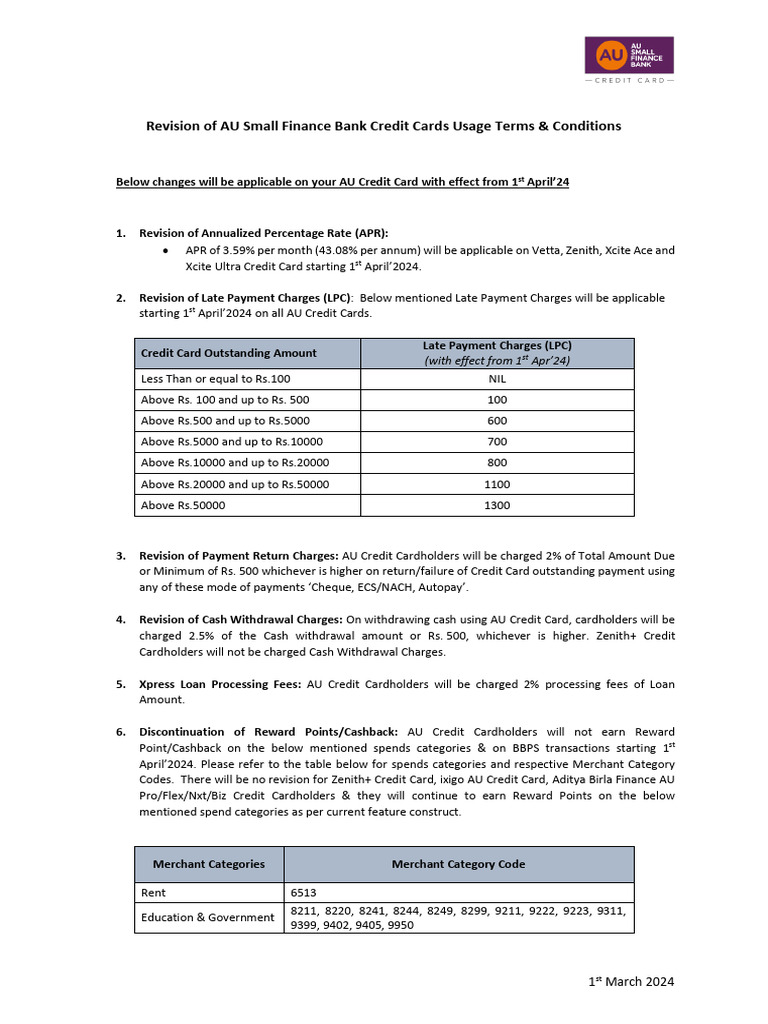 Revision of Au Small Finance Bank Credit Card Usage Terms Condition - 1st - March - 2024 | PDF ...