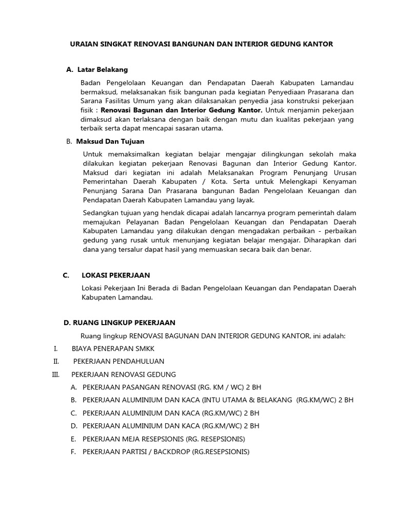 Uraian Singkat Pekerjaan FISIK RENOVASI BANGUNAN DAN INTERIOR GEDUNG ...