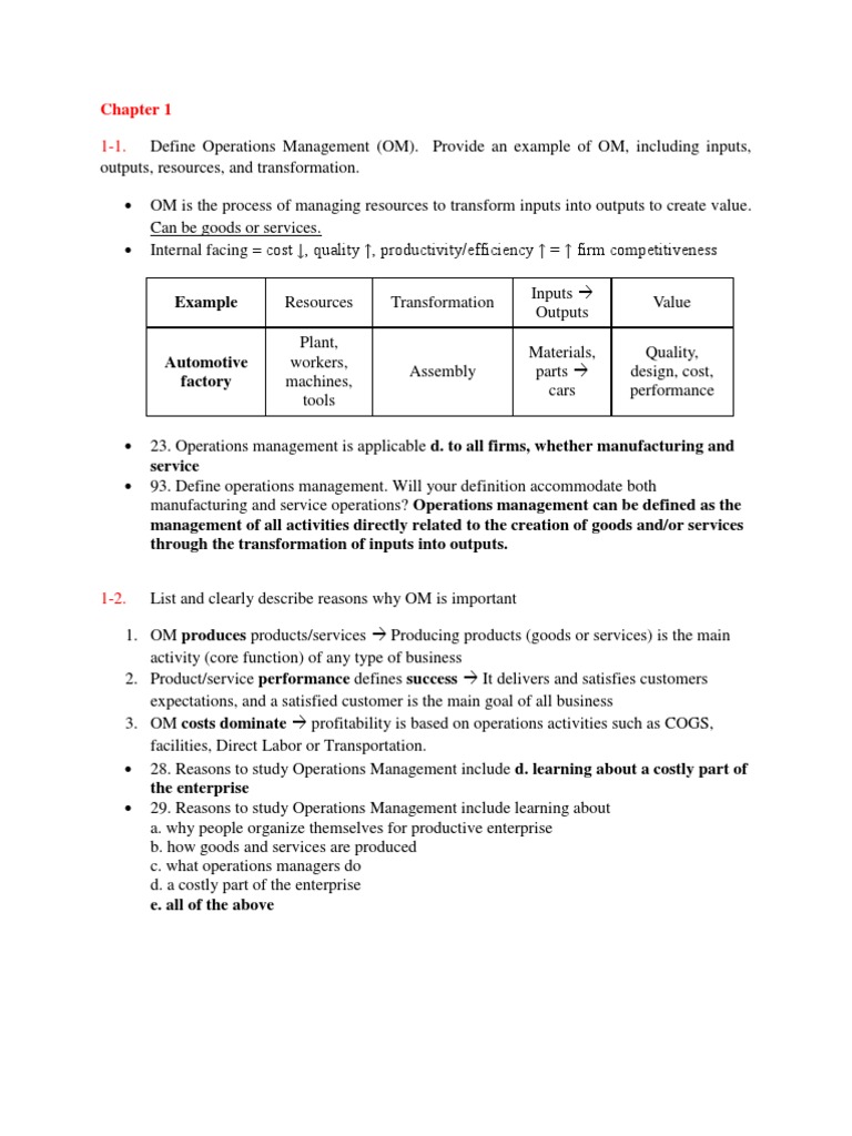 MGT 3200 CH 1 and 2 Study Guide | PDF | Operations Management ...